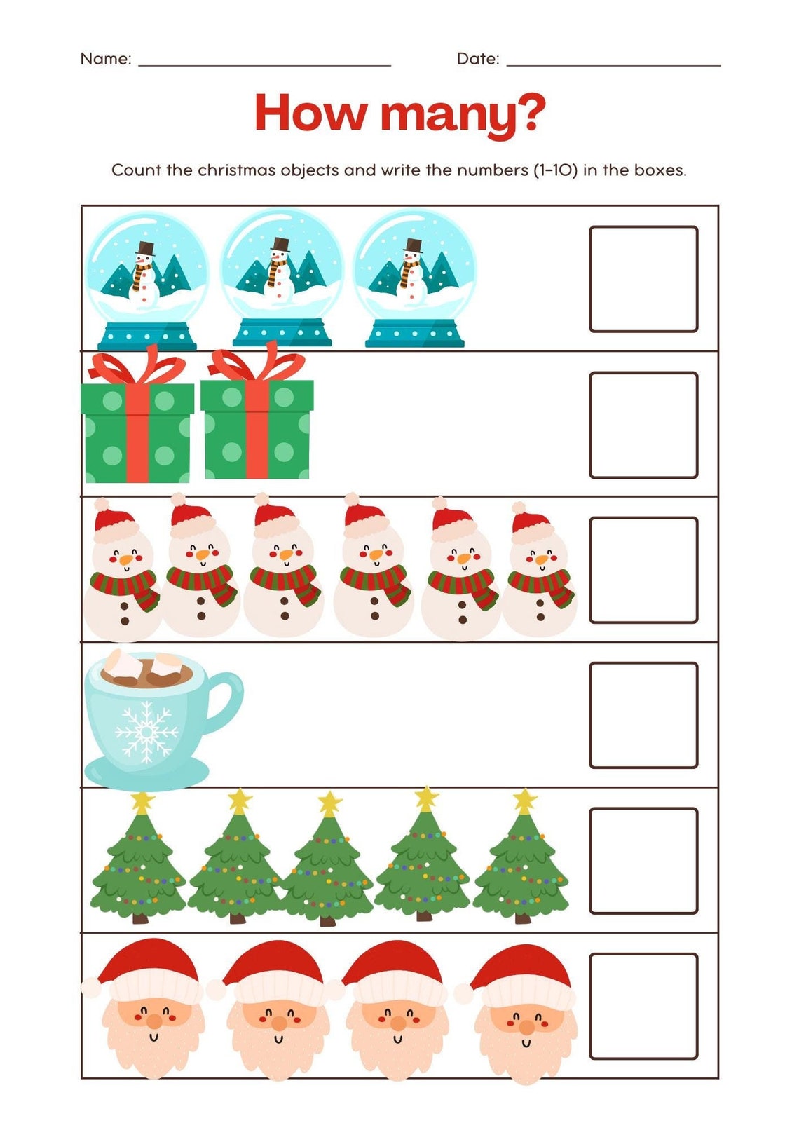 Preschool/kindergarten Festive Christmas Counting Math Worksheet - Etsy