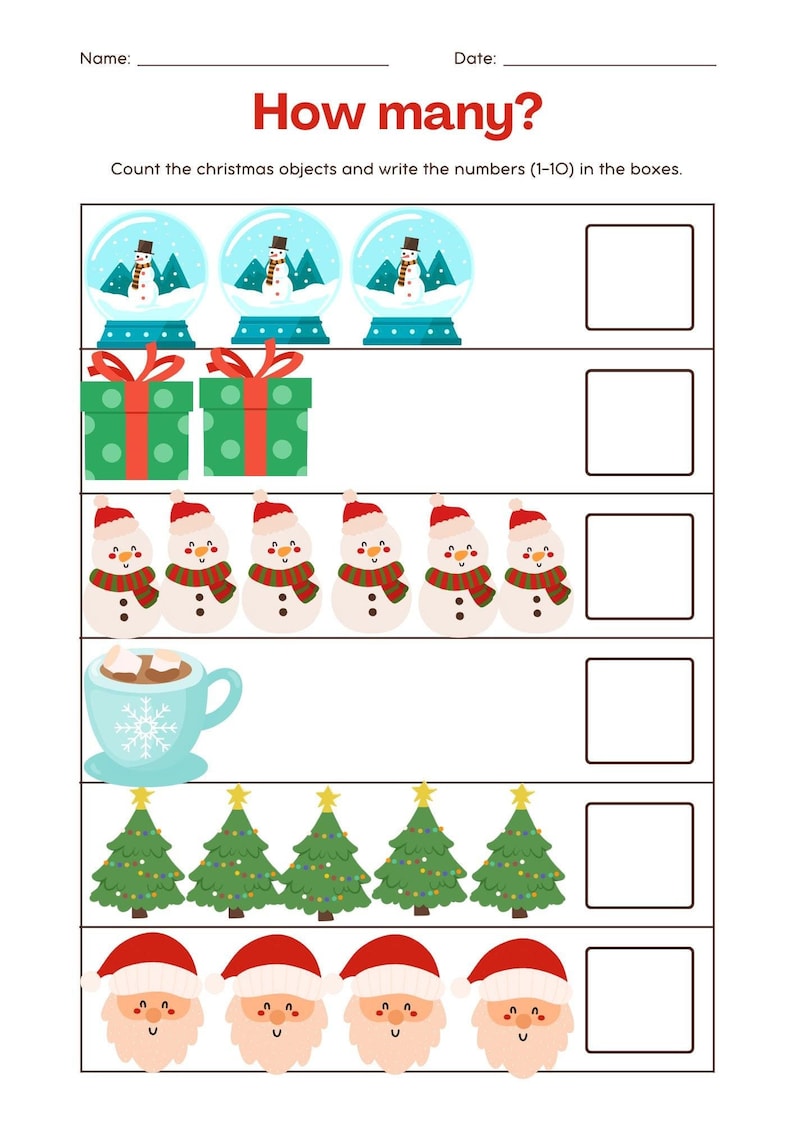 Preschool/kindergarten Festive Christmas Counting Math Worksheet - Etsy