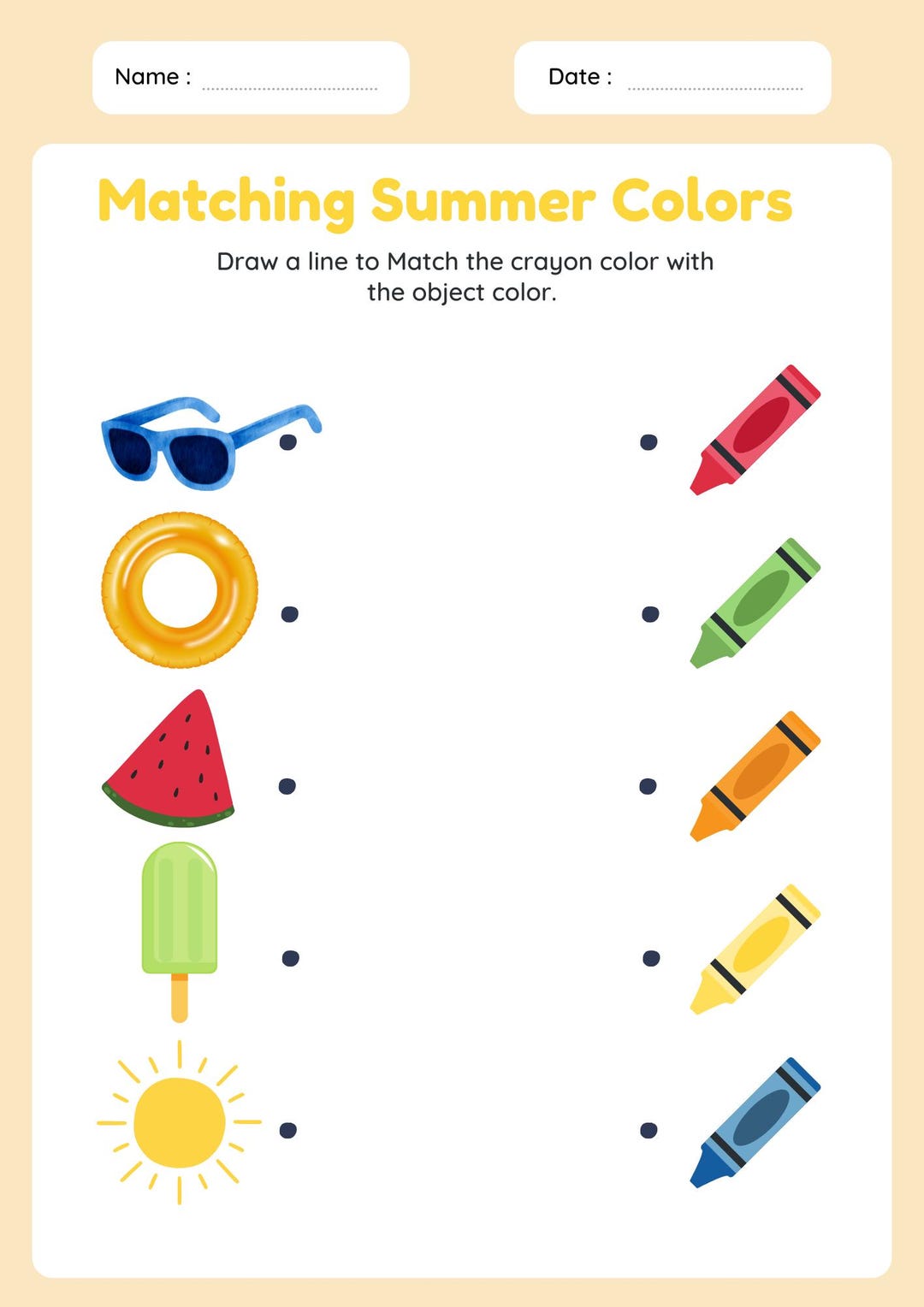 Summer Matching Colors Math Worksheet - Etsy