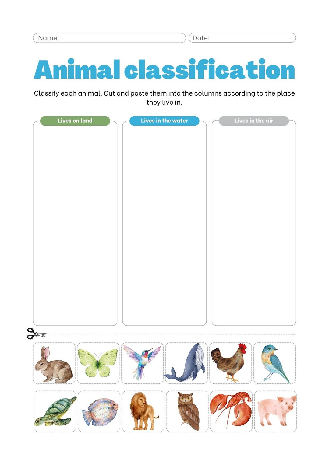 Animal Classification Science Sorting Worksheet Land Water and Air - Etsy