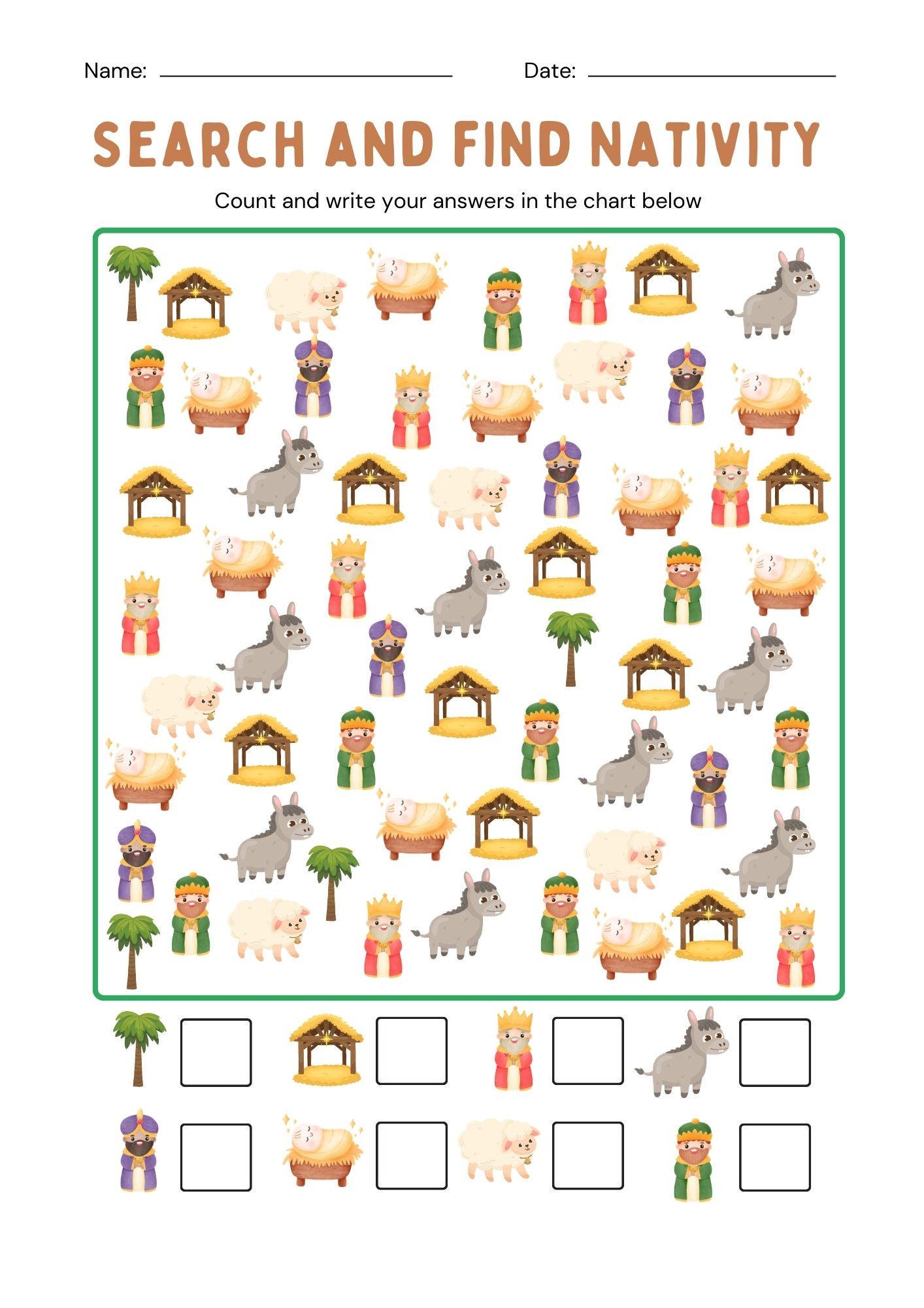 Search and Find Nativity Counting Math Worksheet - Etsy