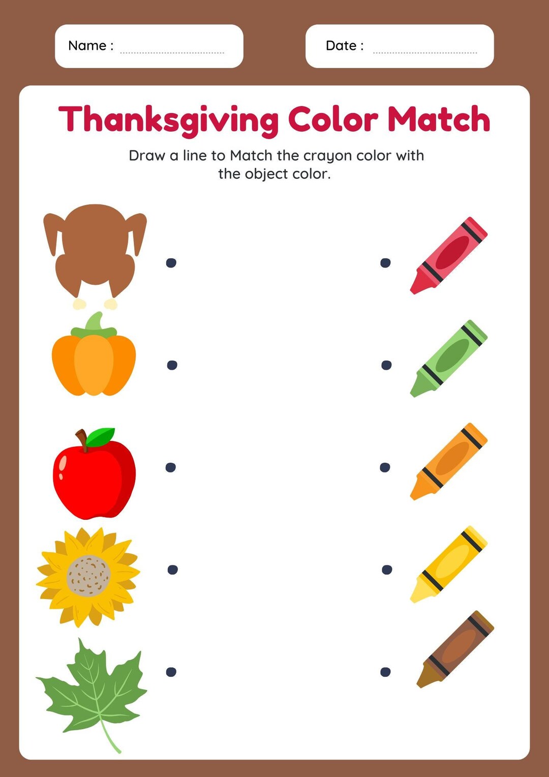 Thanksgiving Matching Worksheet - Etsy