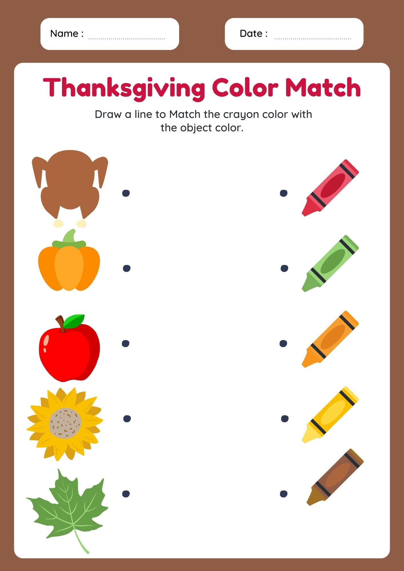 Thanksgiving Matching Worksheet - Etsy