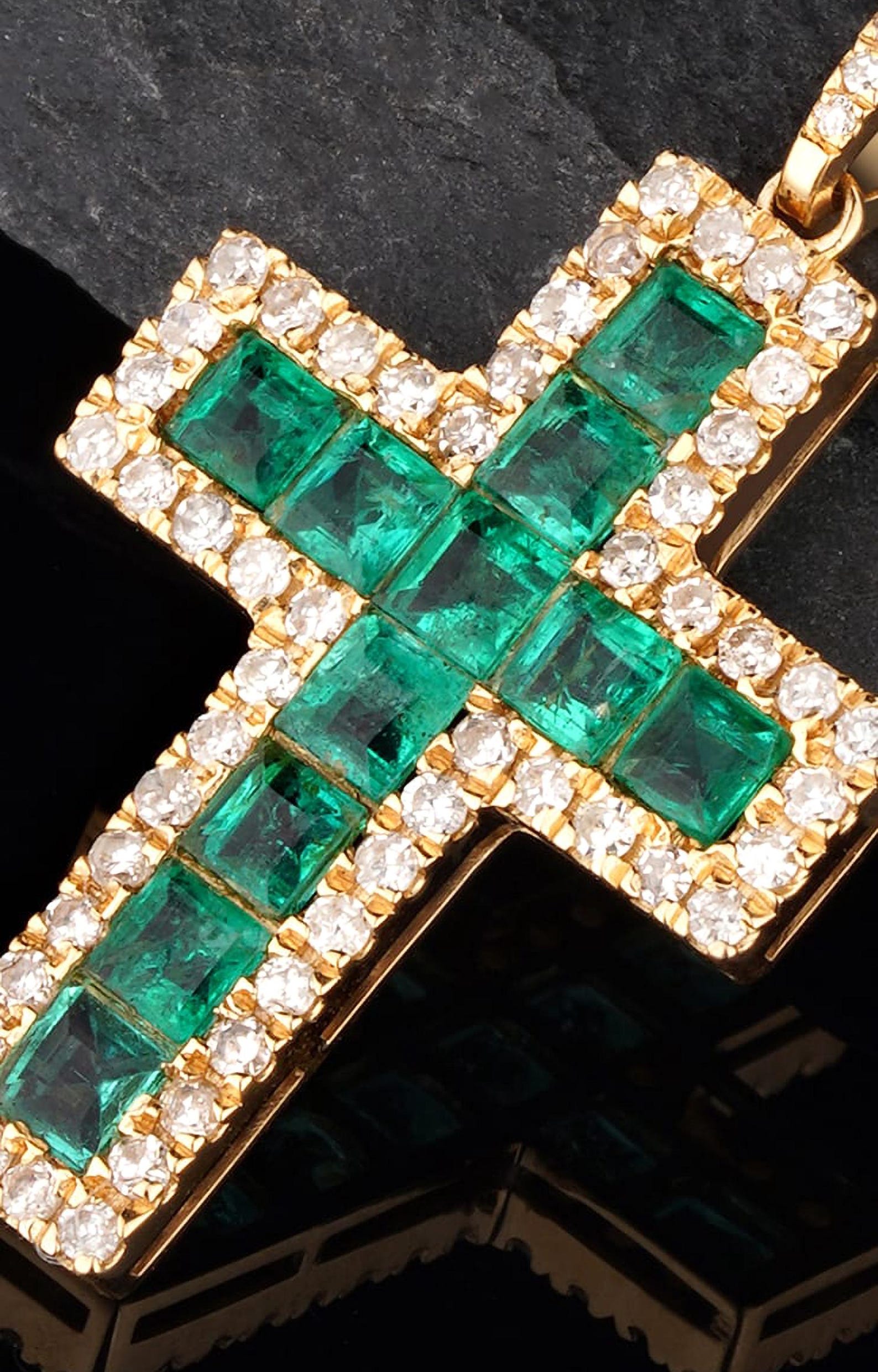 18K Gold Emerald Cross Pendant, Natural Diamond White Gold Necklace ...