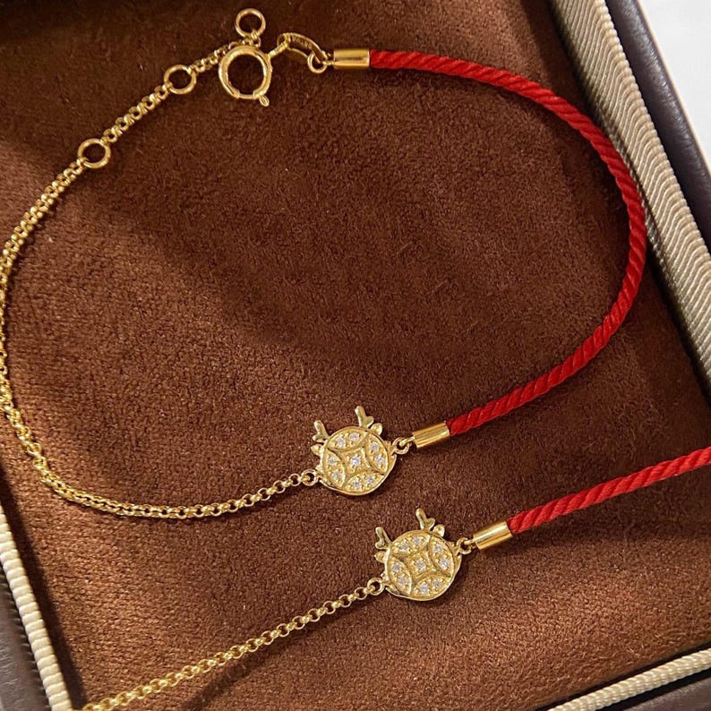 18K Gold Coin Diamond Red String Bracelet, Sparkling Full Diamond Lucky ...