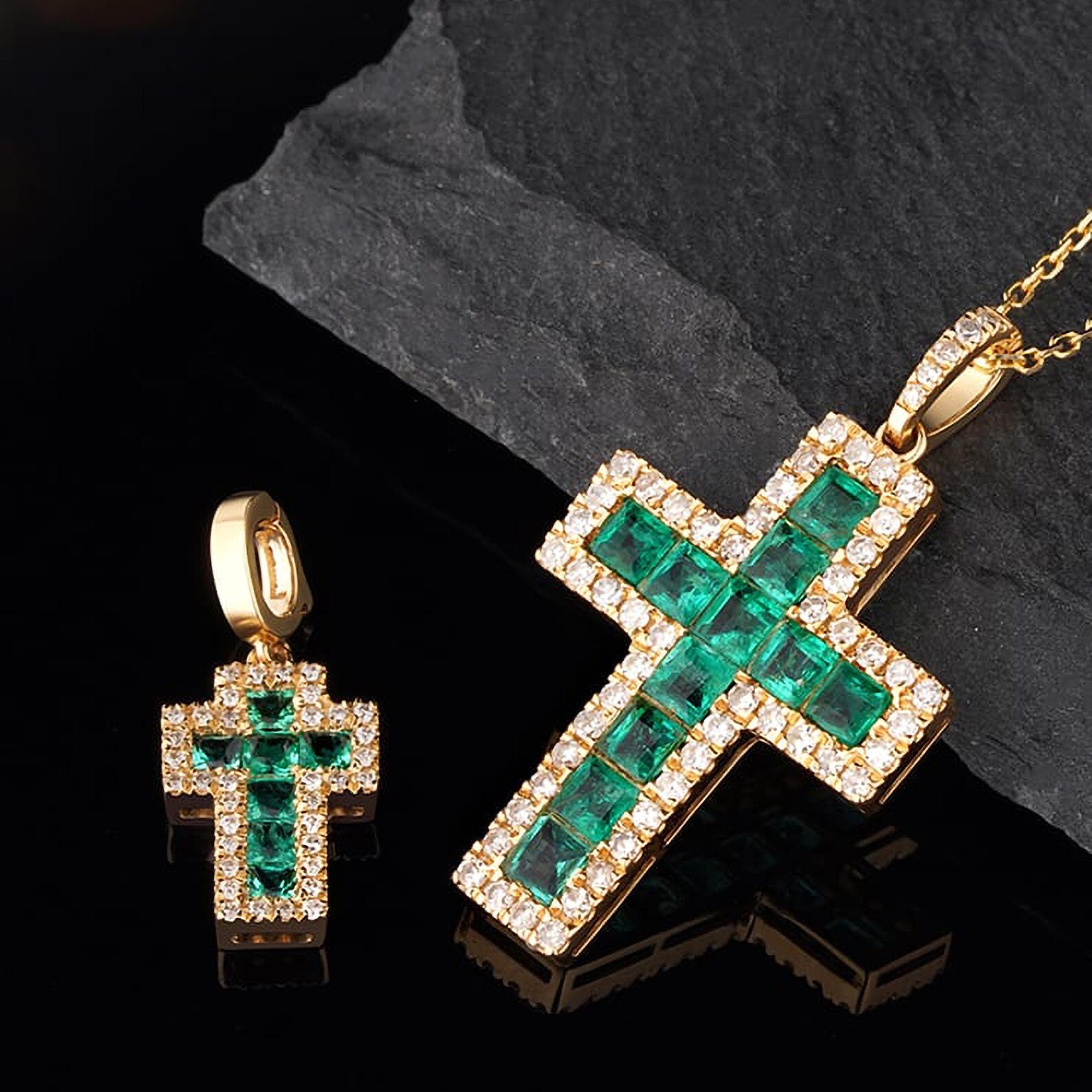 18K Gold Emerald Cross Pendant, Natural Diamond White Gold Necklace ...