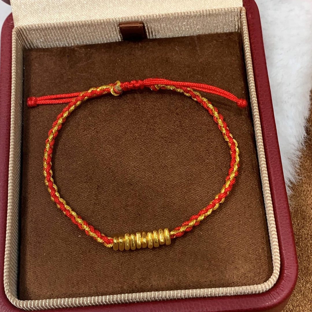 24K Gold Red String Bracelet 999 Pure Gold Bead Bracelet Lucky Red Cord ...
