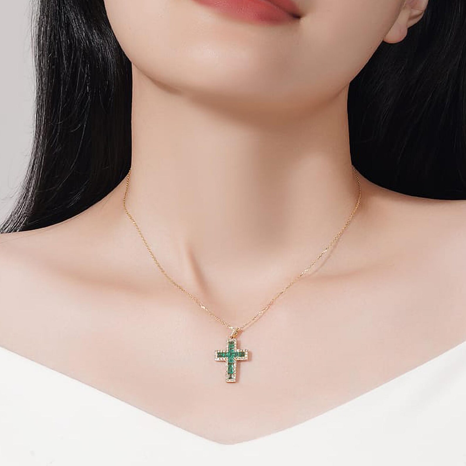 18K Gold Emerald Cross Pendant, Natural Diamond White Gold Necklace ...