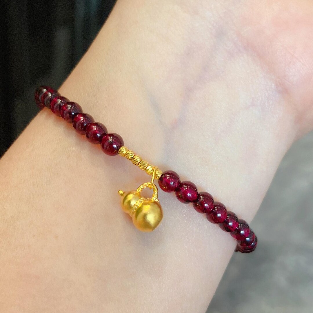 24K Gold Garnet Beaded Bracelet – Prosperity Gourd Charm With Bold Red ...