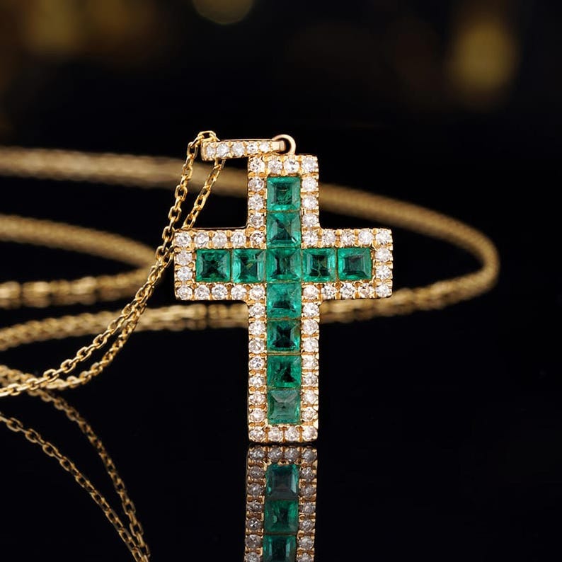18K Gold Emerald Cross Pendant, Natural Diamond White Gold Necklace ...