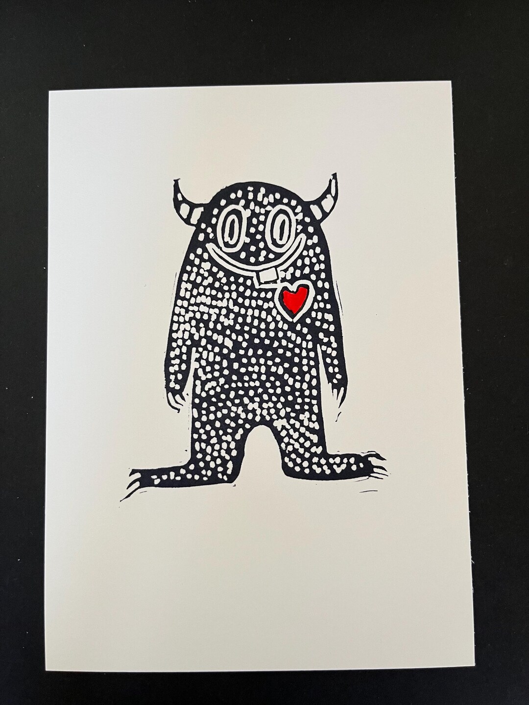Love Monster Linocut-quirky Handcarved Creature Art Print - Etsy