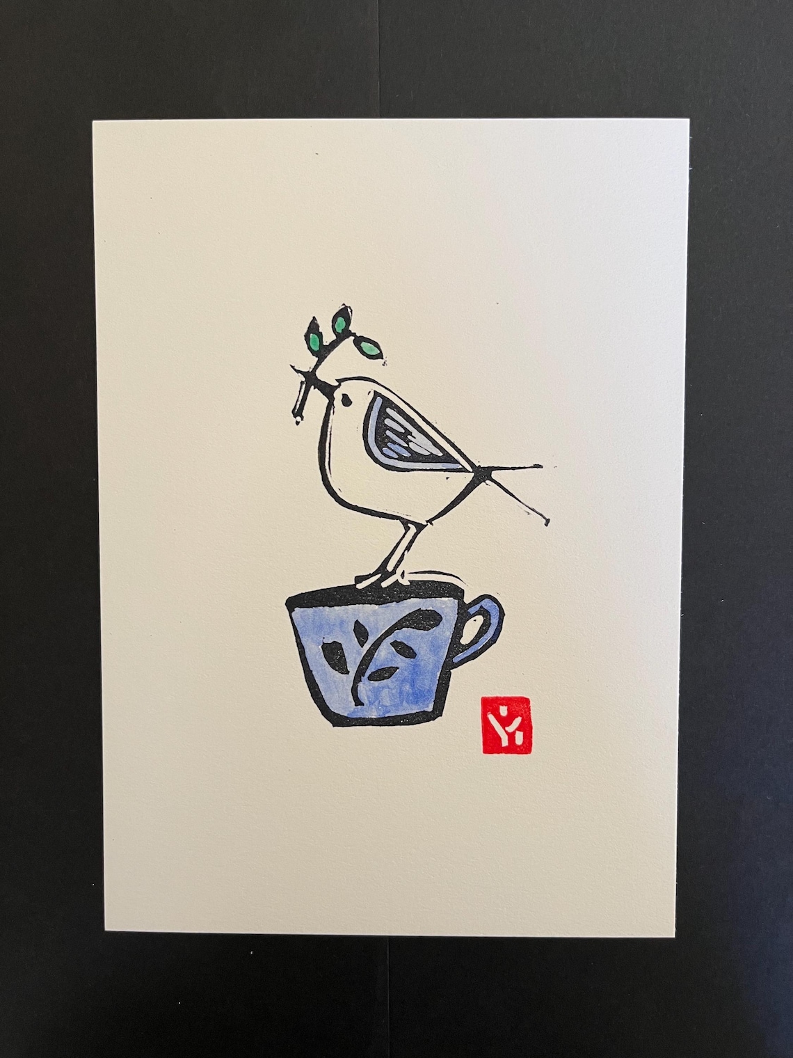 Bird on a Teacup-small Linocut Print-affordable Original Art-hand ...