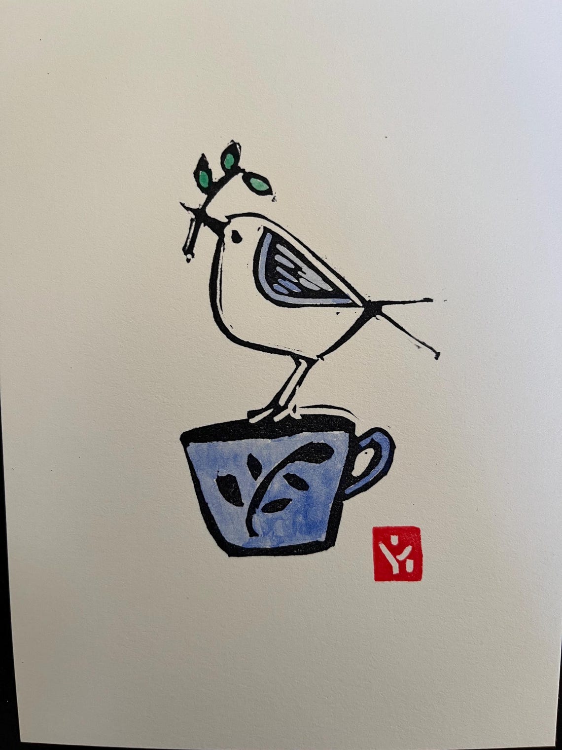 Bird on a Teacup-small Linocut Print-affordable Original Art-hand ...