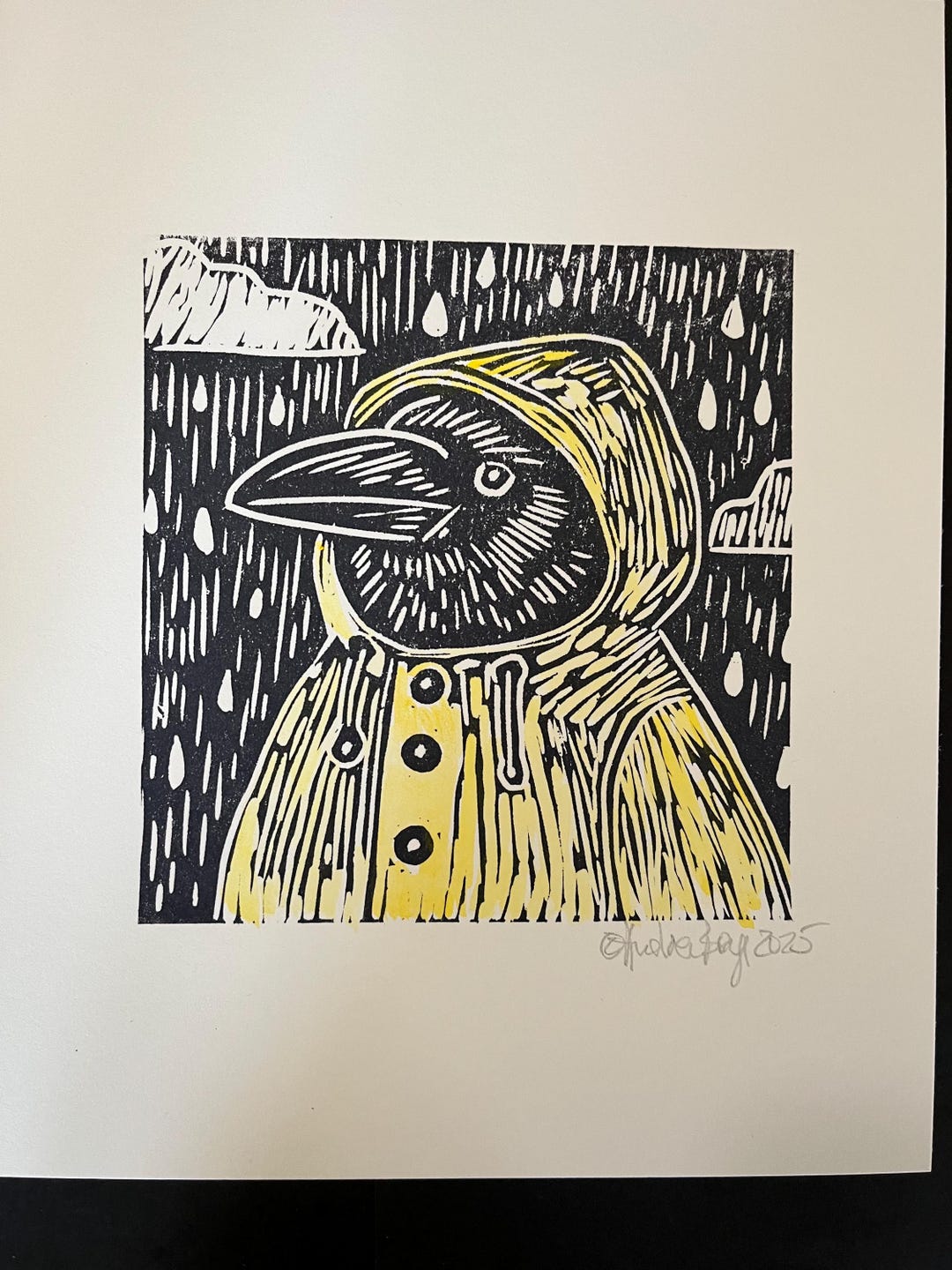 Crow in the Rain Linocut Print- Handmade Art-affordable Wall Decor ...