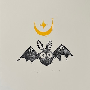 Art Gift-linocut of a Bat-mini Print-kawaii - Etsy