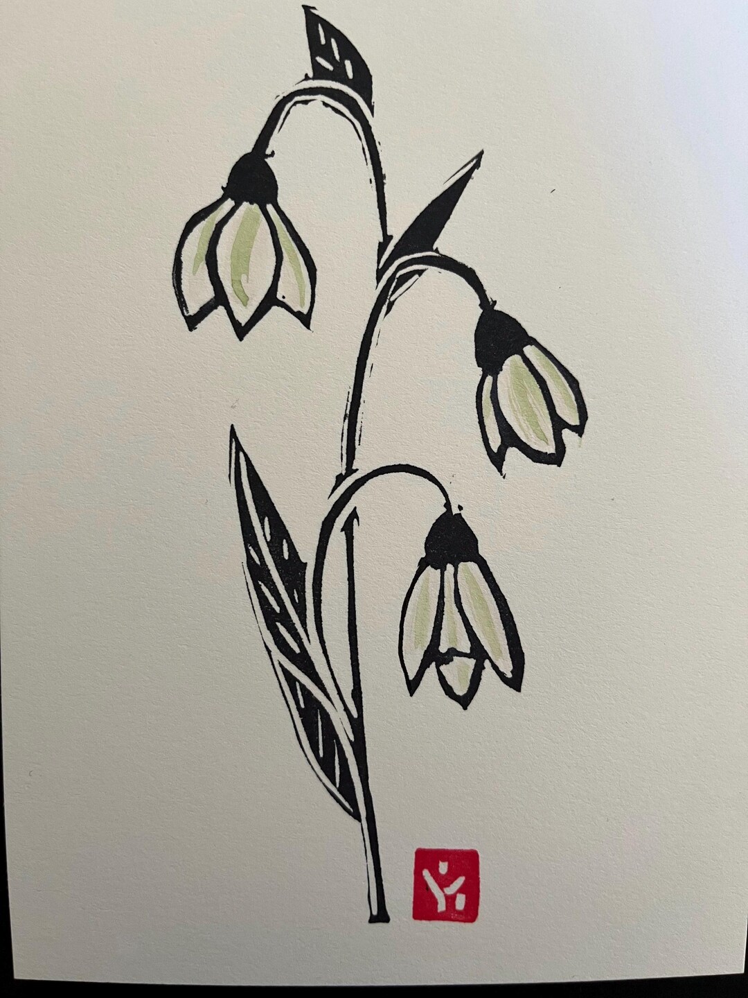 Snowdrop Linocut Print- Watercolo -hand Printed and Painted- Affordable ...