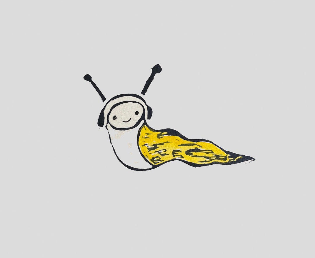 Happy Banana Slug- Listening to Music-small Linocut Print - Etsy