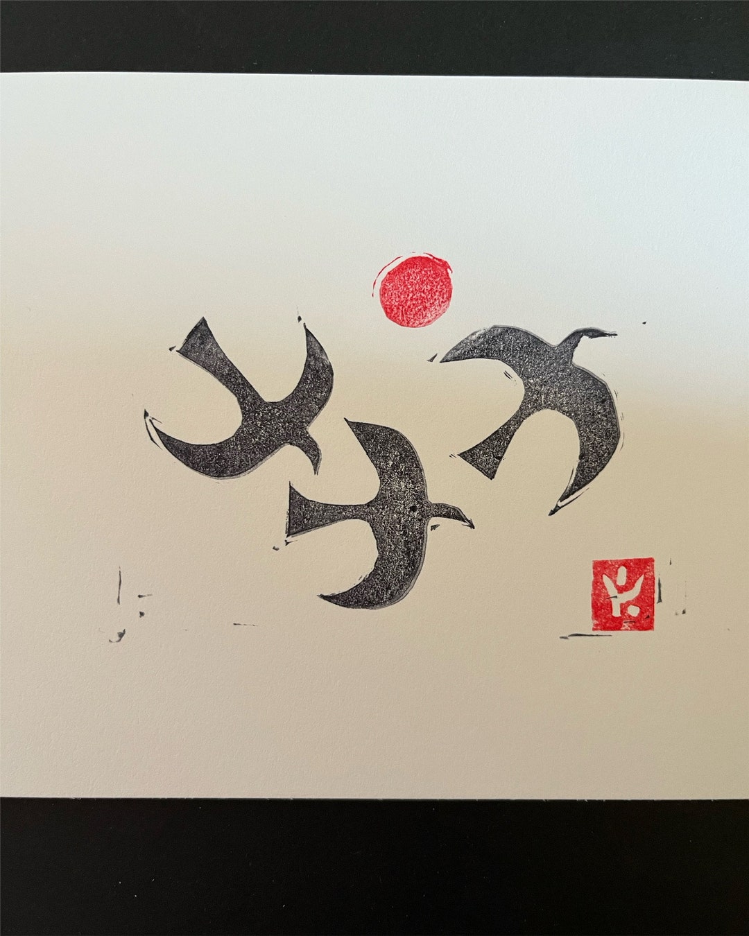 Black Birds Red Sun-small Linoleum Block Print - Etsy