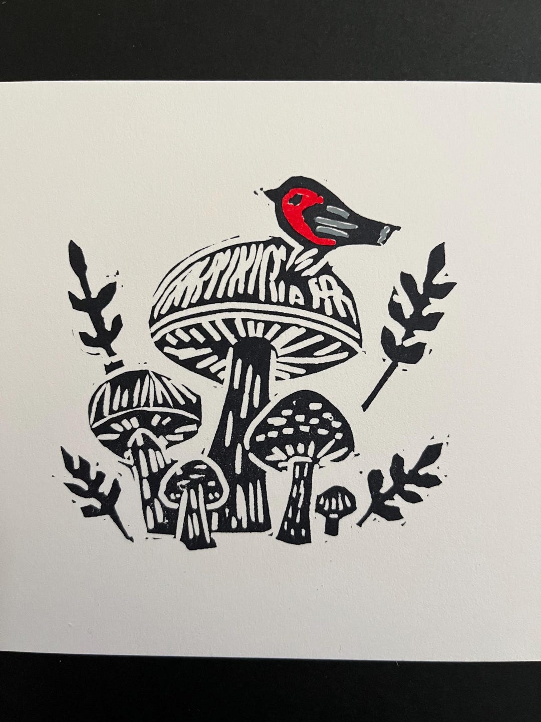 Robin Atop Mushrooms -linocut Art Print|robin Illustration|home Decor ...