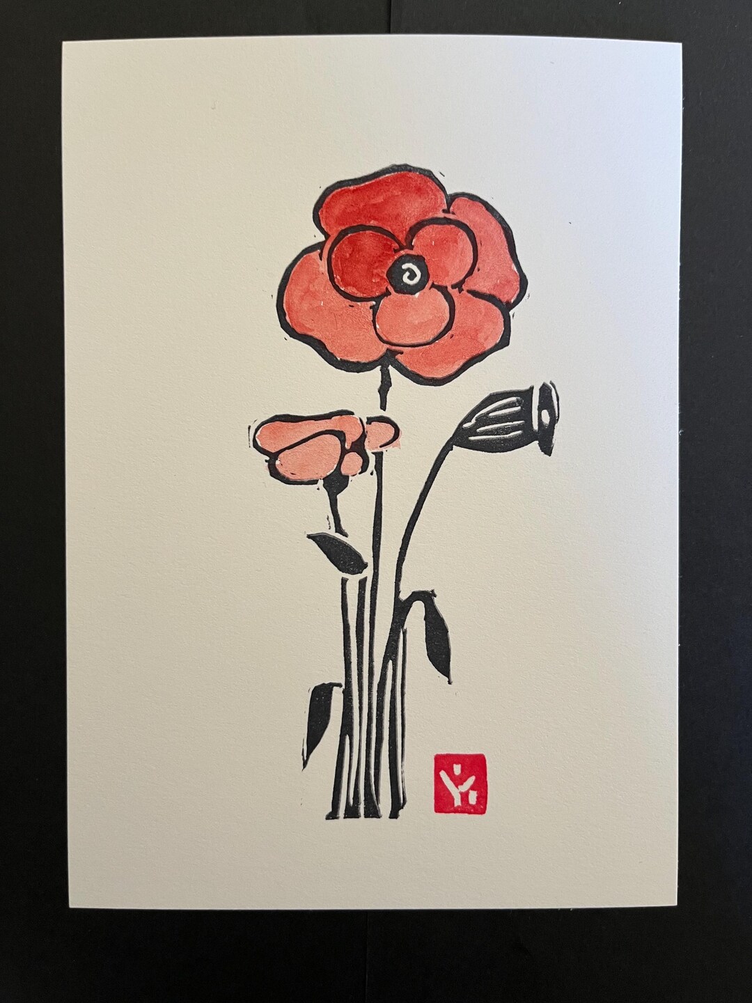 Poppy Linocut Print- Watercolor Painting -hand Printed and Painted ...
