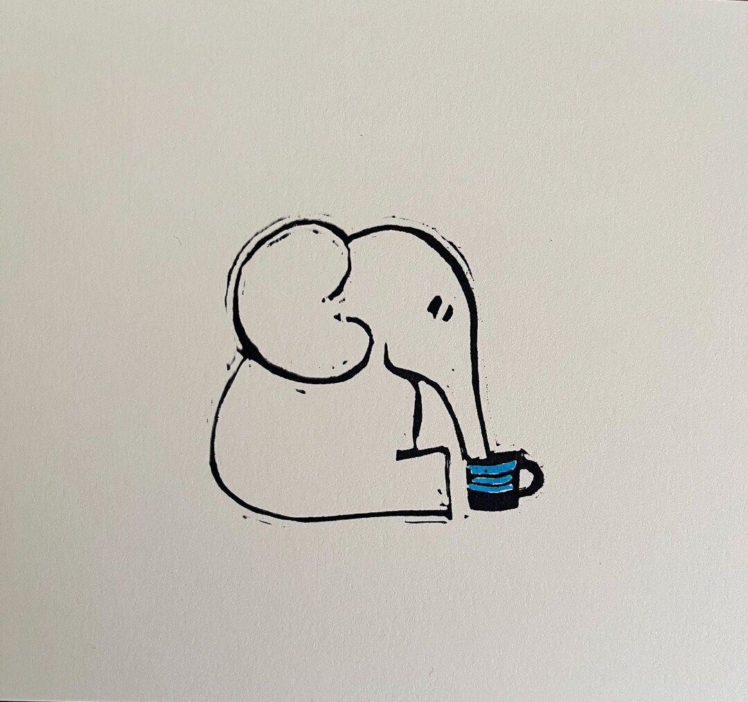 Elephant Drinking Tea- Small Linocut Print - Etsy