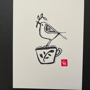 Bird on a Teacup-small Linocut Print-affordable Original Art-hand ...