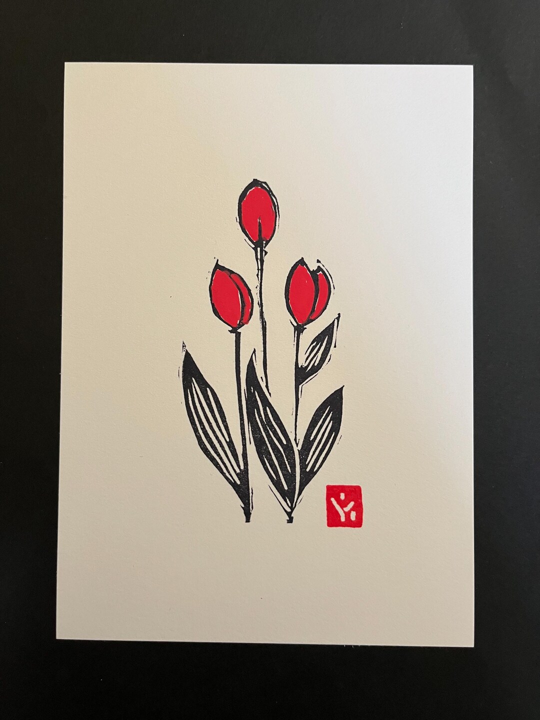 Tulip Linocut Print- Watercolor Painting -hand Printed and Painted ...