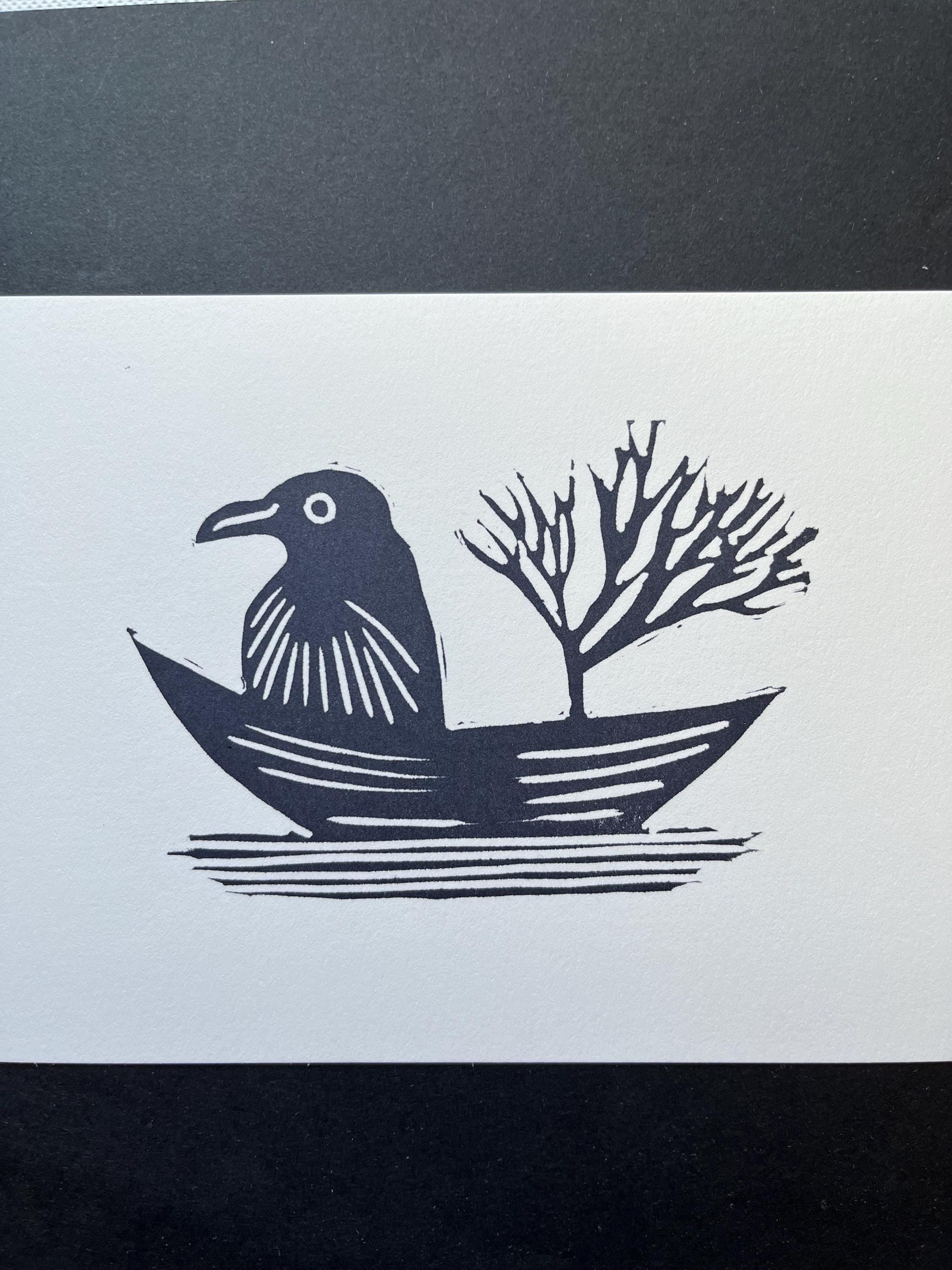 Crow in a Boat Linoleum Block Print-original Art Decor-affordable Wall ...