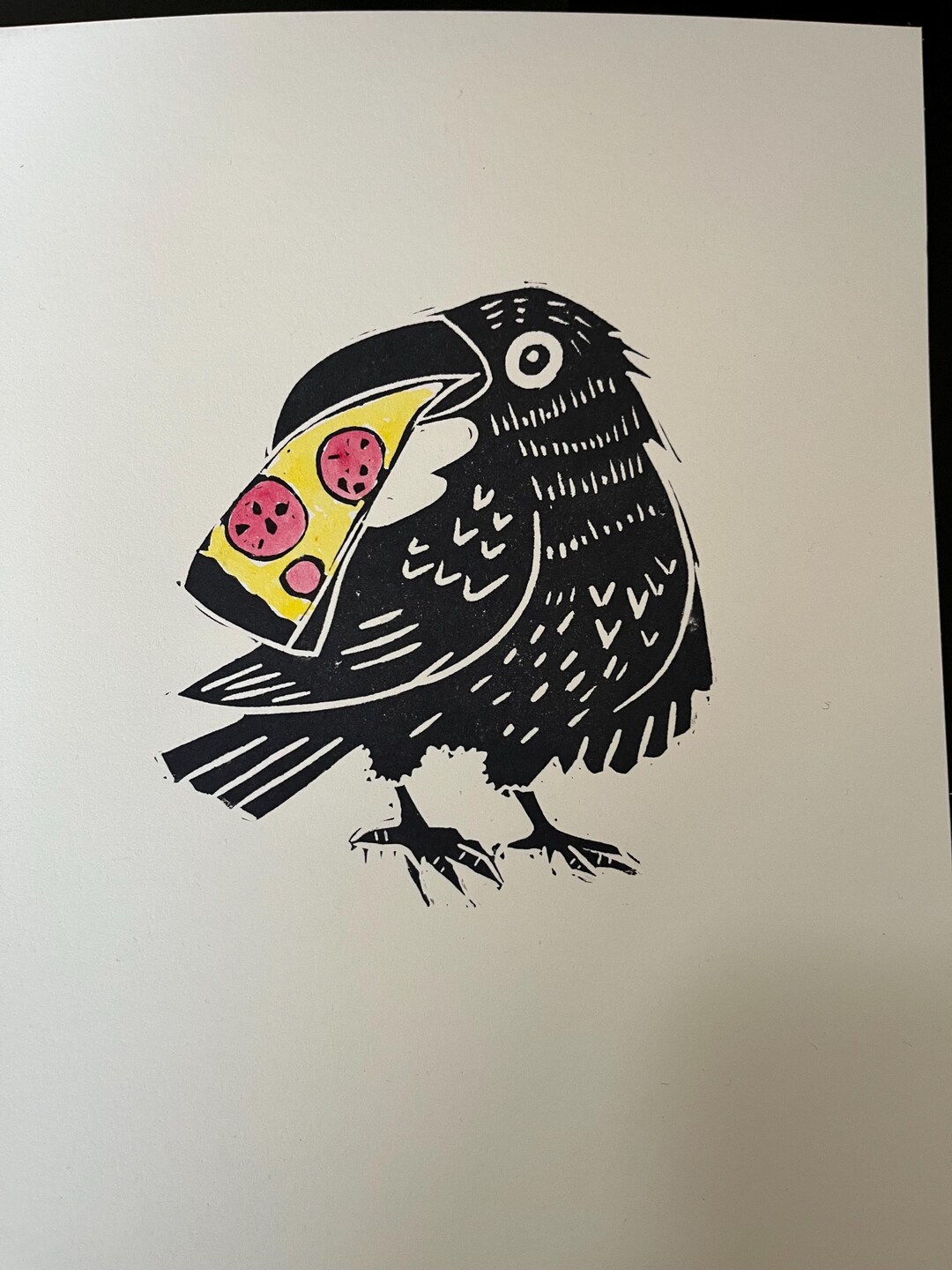 Crow Eating Pizza Linocut Print-funny Bird Art, Black Crow Illustration ...