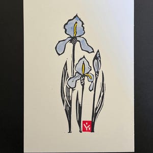 Iris Linocut Print- Watercolor Painting -hand Printed and Painted ...