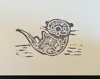 Salt Marsh Otter Handmade Linocut Print Swimming Through the Seaweed ...