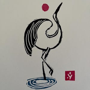 Crane Bird- Japanese Influence- Small Linocut - Etsy