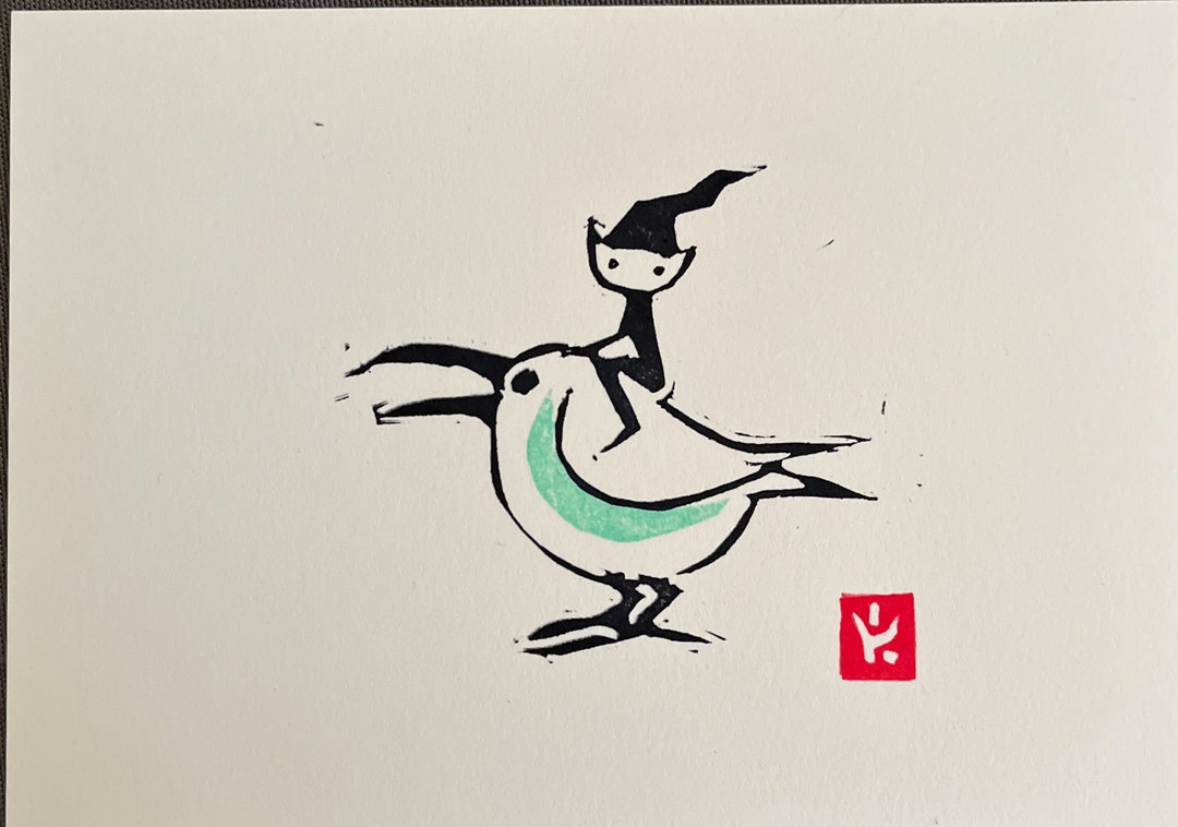 Bird and Elf Linocut Print-fantasy-childrens Room Decor - Etsy