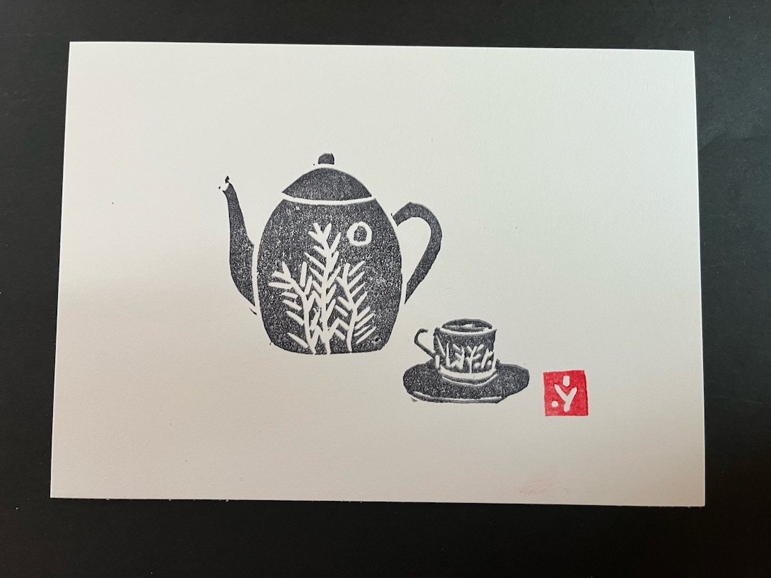 Tea Set Linoleum Block Print - Etsy