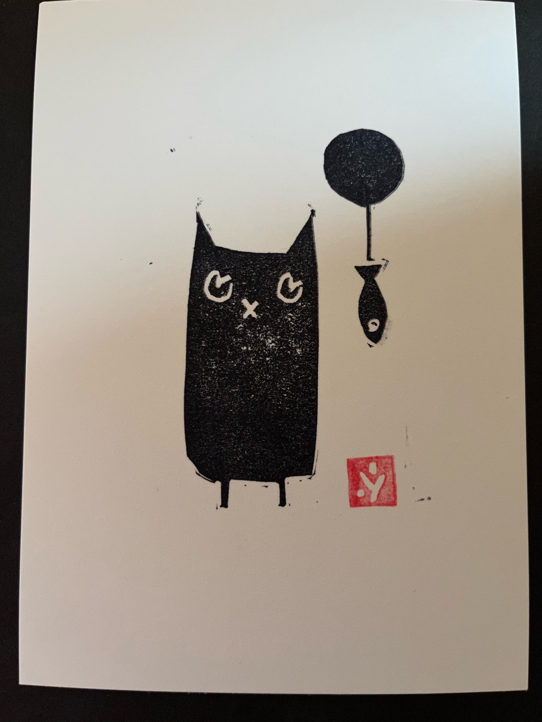 Cat and Fish Linoleum Block Print Humorous - Etsy