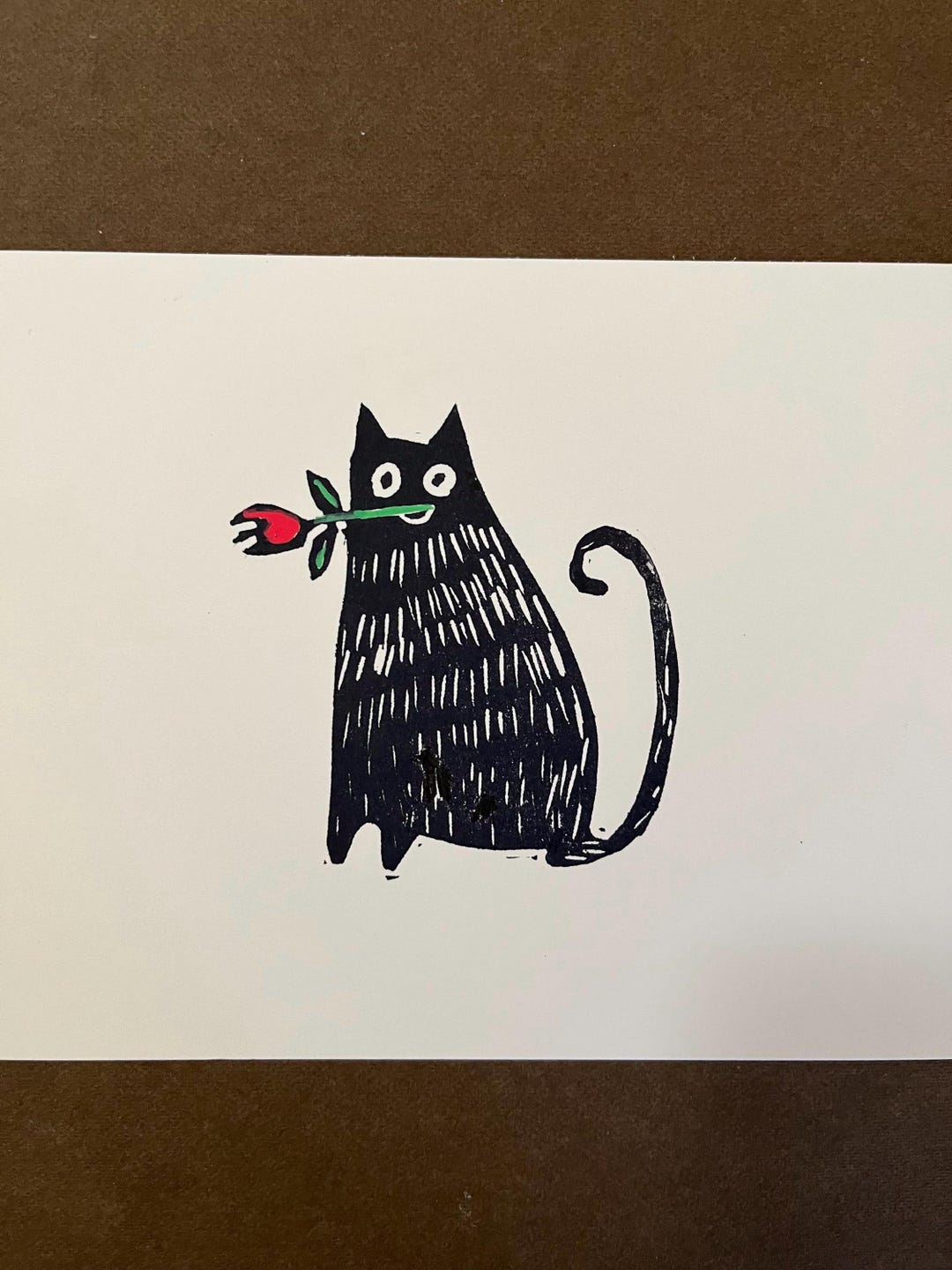 Tango Cat With Red Rose-small Linocut Print - Etsy