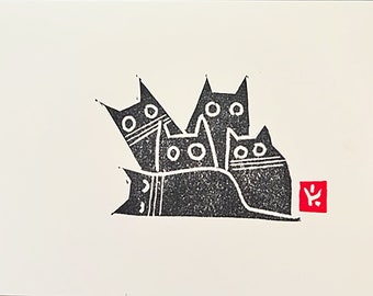 Little Black Cat Linocut Printmaking 7x5 Animal Art Deckle Edge Small ...