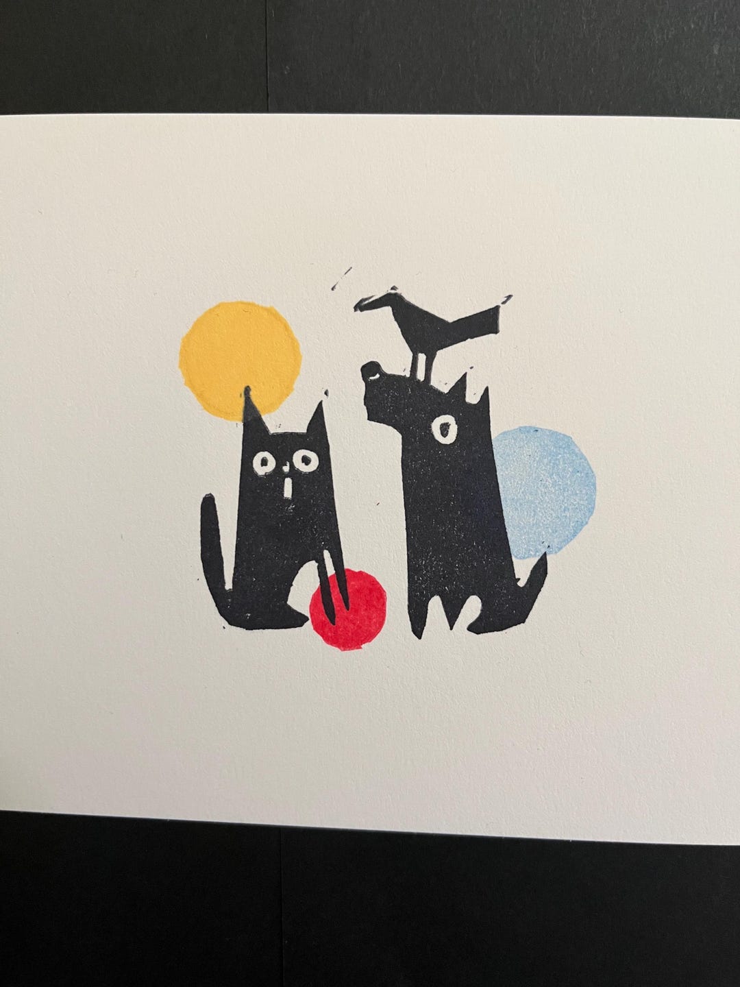 Cat, Dog and Bird Linocut Print-small Art-whimsical Animal Original Art ...