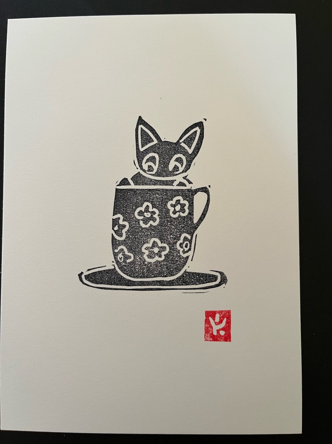 Teacup Cat Block Print-hand Printed Linocut - Etsy