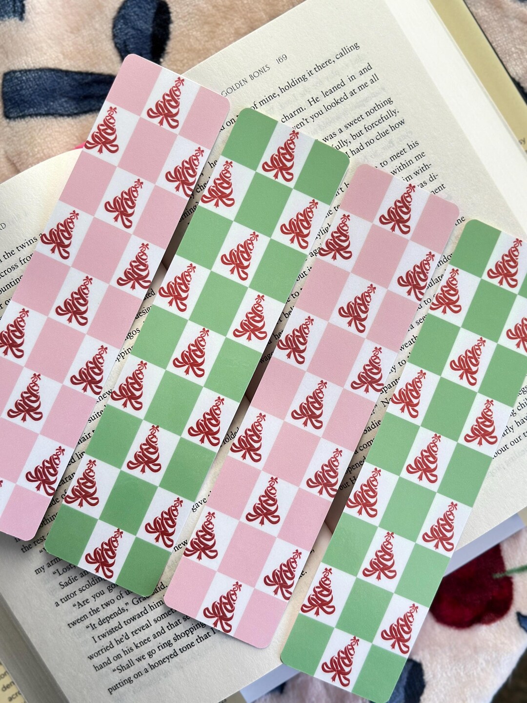 Pink & Green Checkered Christmas Trees Bookmark Christmas Bookmarks ...