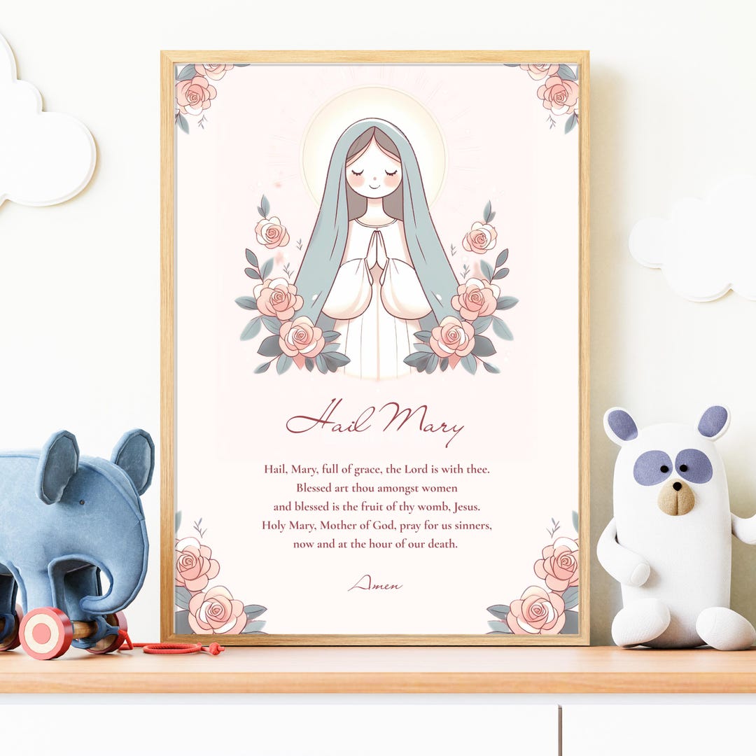 Hail Mary Prayer Wall Art, Catholic Nursery Decor With Mother Mary ...