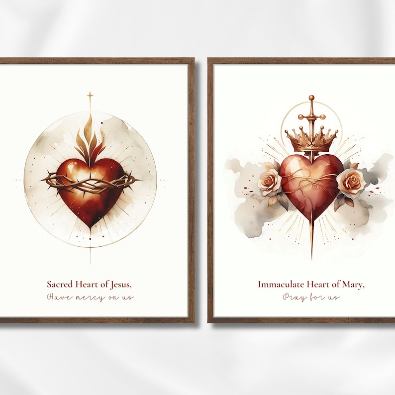 Sacred Heart and Immaculate Heart Set, Jesus & Mary Print Duo, Catholic ...