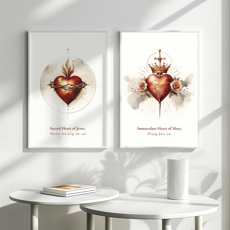 Sacred Heart and Immaculate Heart Set, Jesus & Mary Print Duo, Catholic ...