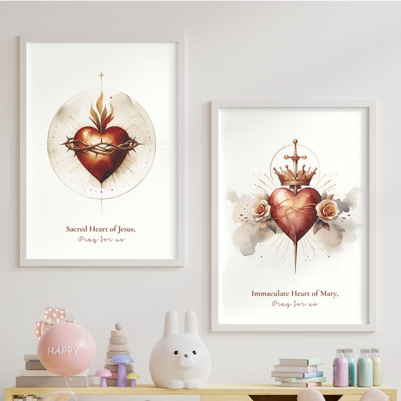 Sacred Heart and Immaculate Heart Set, Jesus & Mary Print Duo, Catholic ...