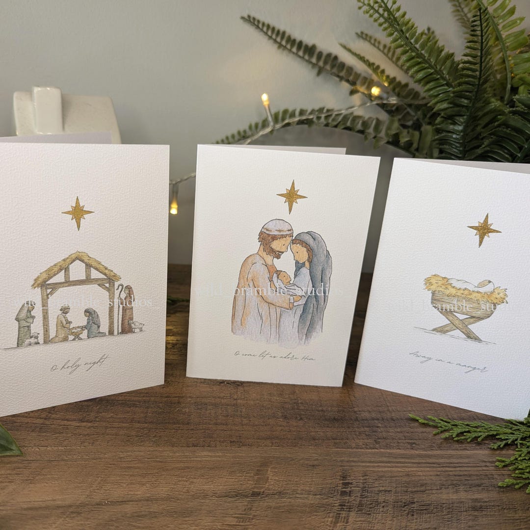 Handmade Nativity Christmas Cards | Watercolour Print Stable and Manger ...