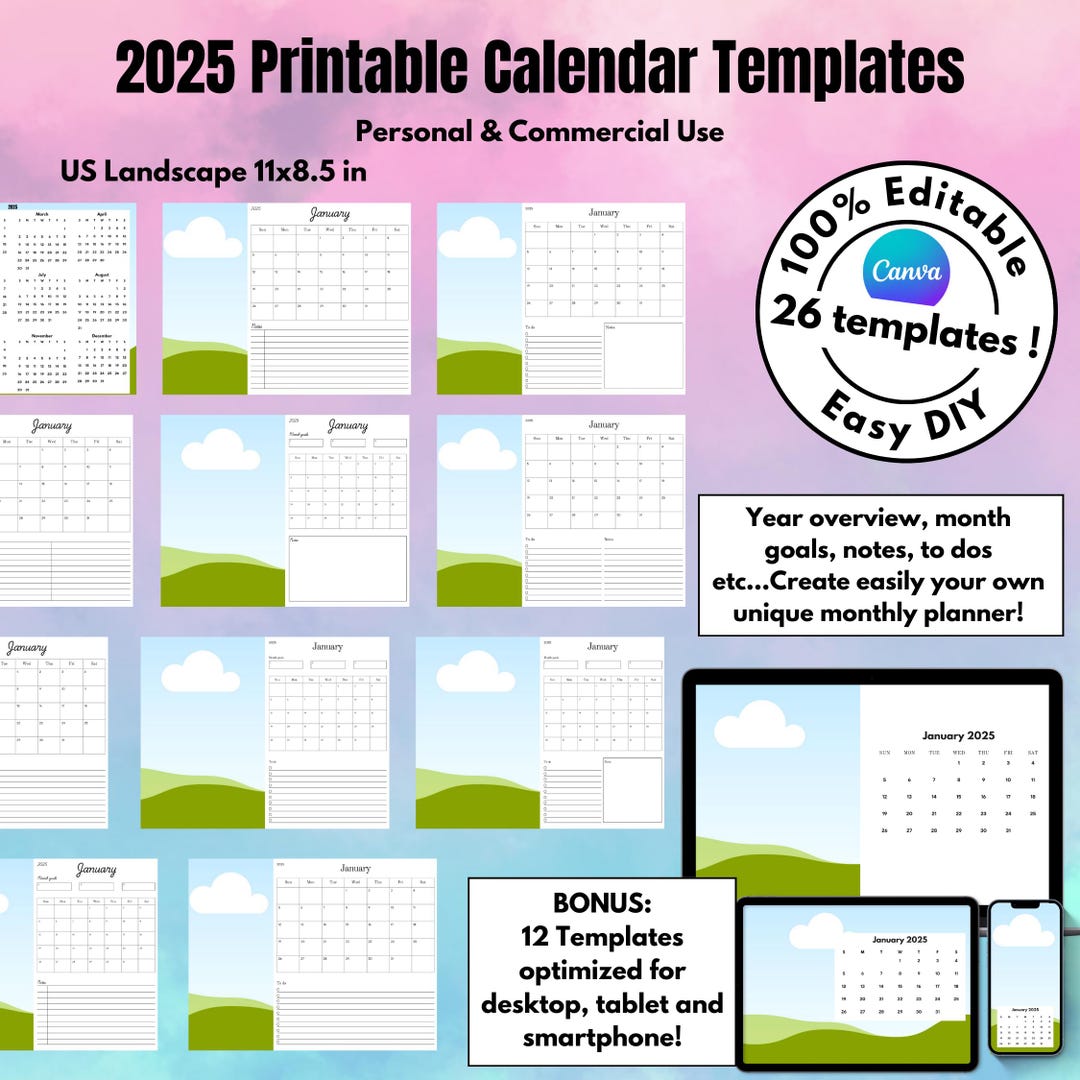 26 Editable Printable Digital Monthly 2025 Landscape Calendar Canva ...