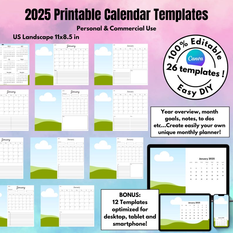 26 Editable Printable Digital Monthly 2025 Landscape Calendar Canva ...