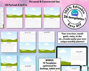 26 Editable Printable Digital Monthly 2025 Landscape Calendar Canva ...
