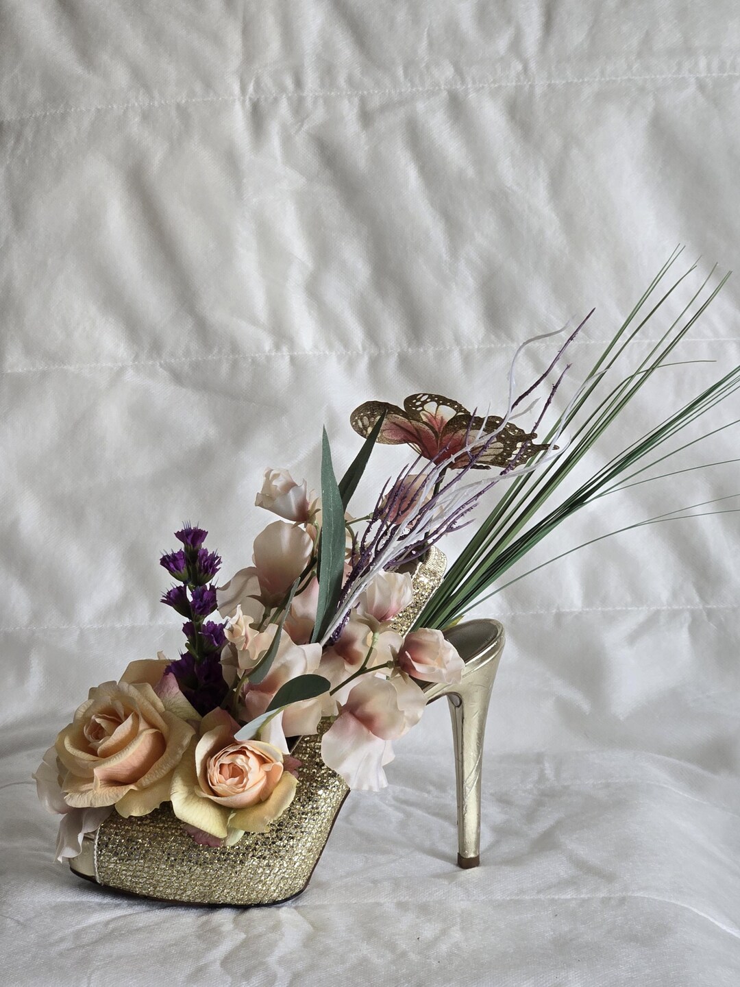 Sparkly Golden Heel With Roses and Sweet Peas - Etsy