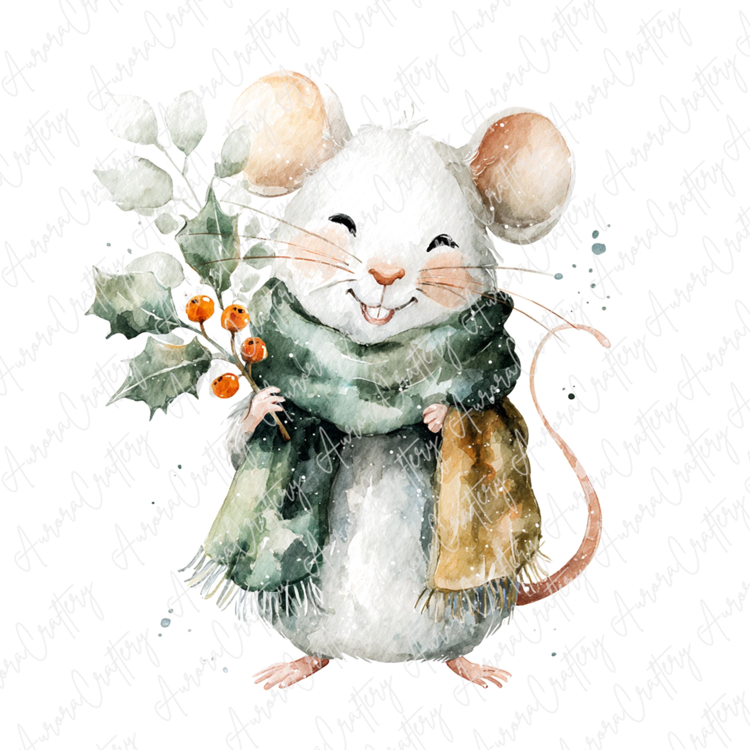 5 Watercolor Cozy Mouse Clipart, Cute Winter Mouse, Festive Woodland ...